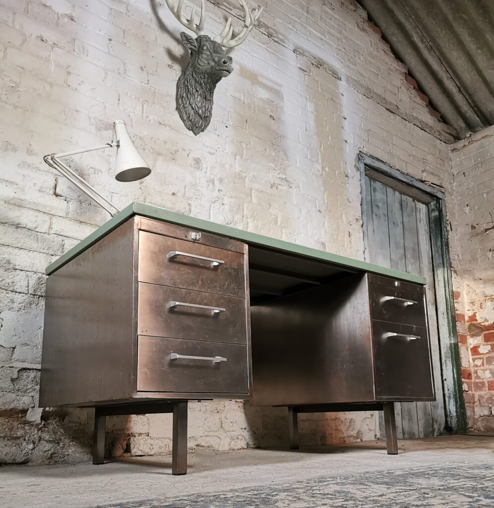 SOLD: 1950s Brushed Steel Tanker Desk - Cambrewood